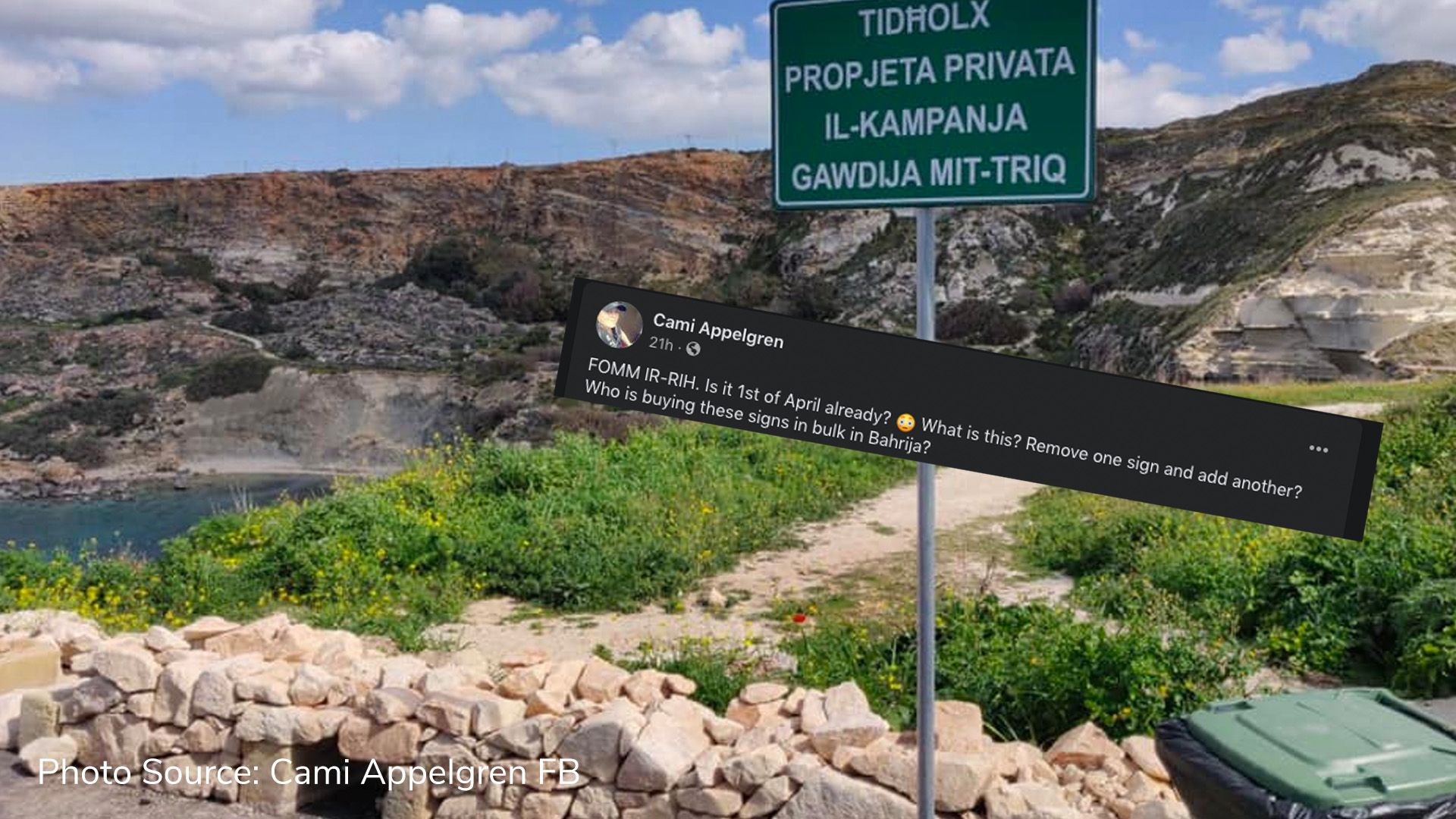 Fomm ir-Rih Bay blocked with a wall and sign