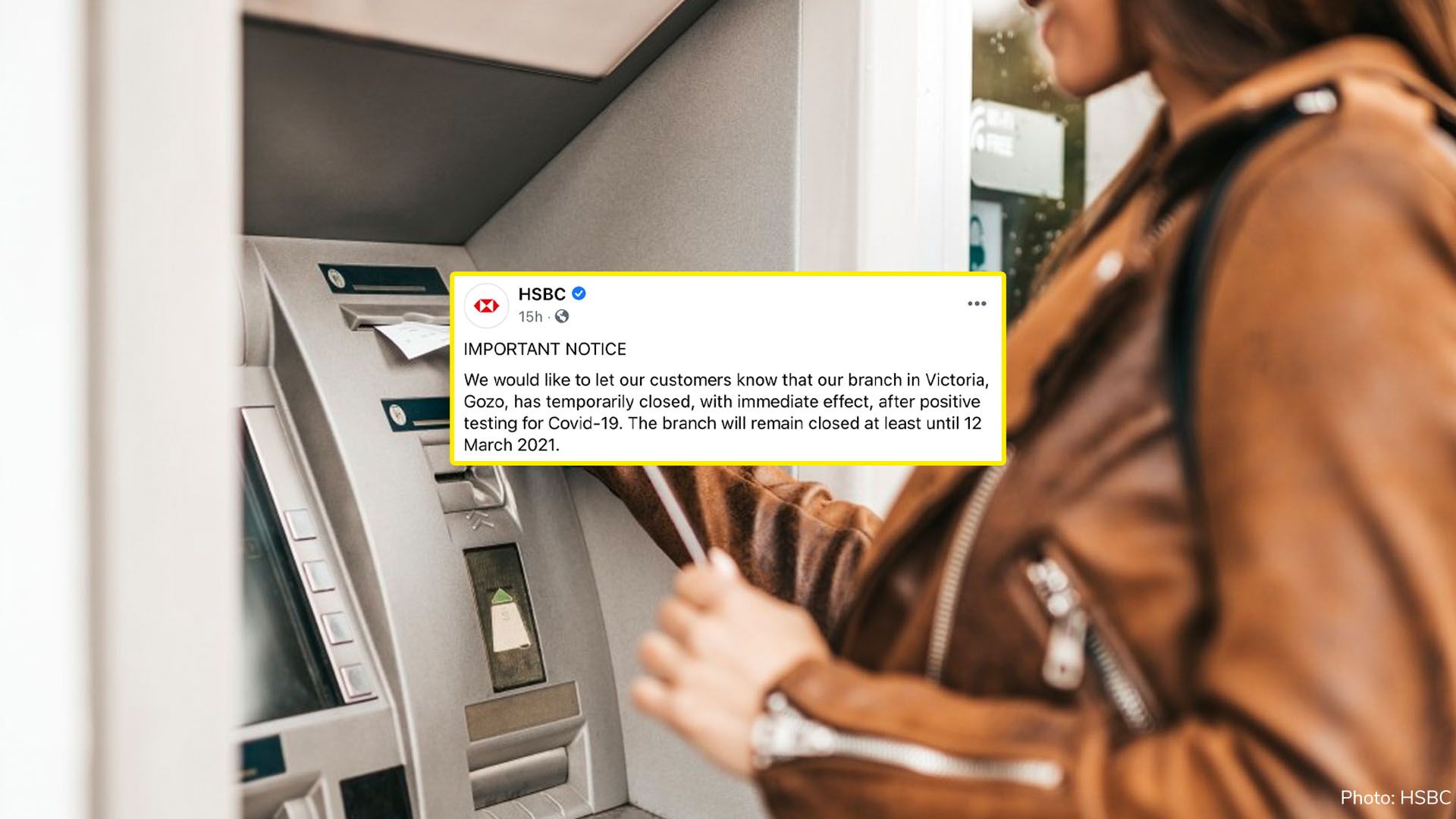 HSBC Victoria, Gozo branch closed until 12th March due to c…